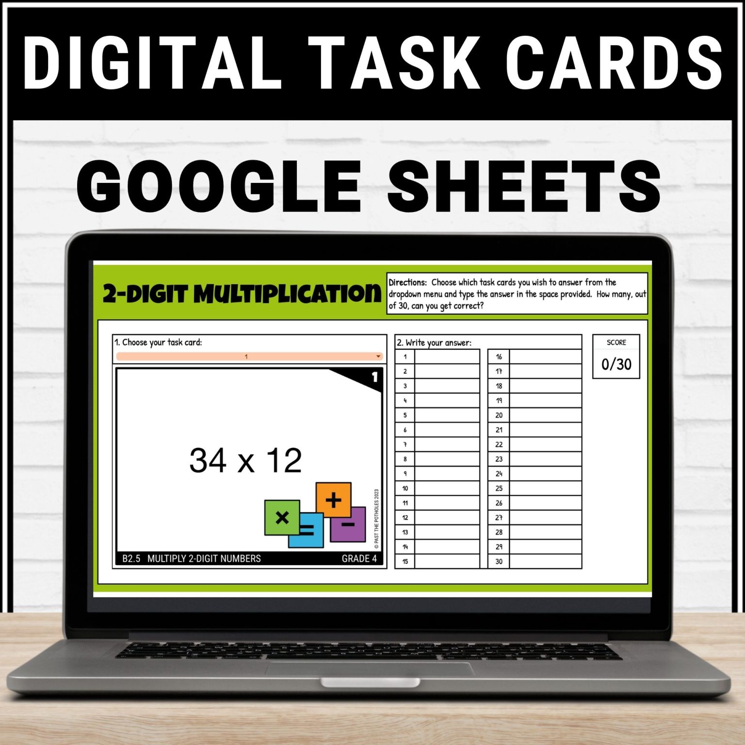 Double Digit Multiplication Practice - Math Task Cards - PAST THE POTHOLES